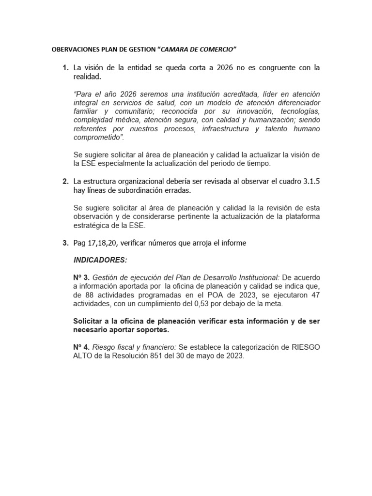 Obervaciones Plan de Gestion | PDF | Planificación