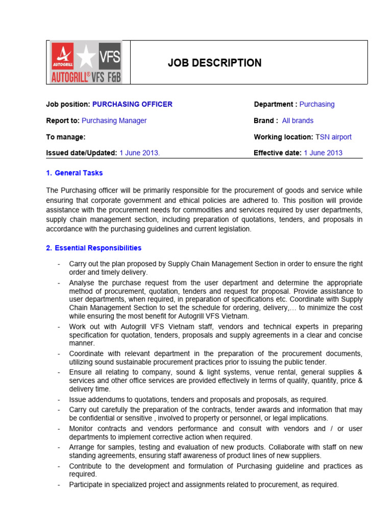 JD - Purchasing Officer | Download Free PDF | Procurement | Economies