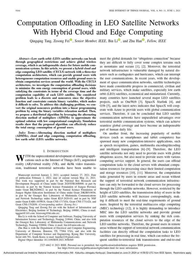 Computation Offloading In Leo Satellite Networks With Hybrid Cloud And Edge Computing Pdf