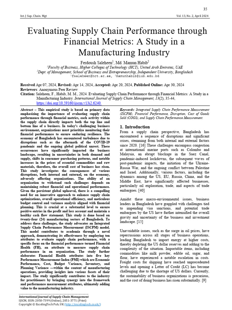 Evaluating Supply Chain Performance Through Financial Metrics - A Study in A Manufacturing ...