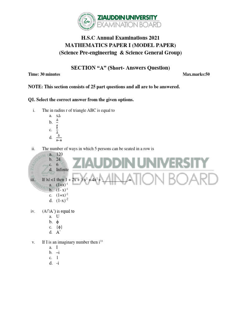 HSC 2021 Mathematics Model Paper | PDF | Mathematics | Elementary Geometry