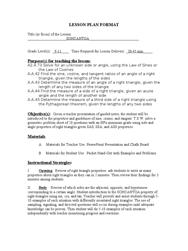 Sohcahtoa Lesson Plan | PDF | Trigonometric Functions | Triangle