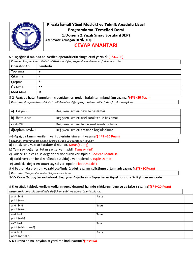 Program Temelleri 1D 2Y CA BEP | PDF