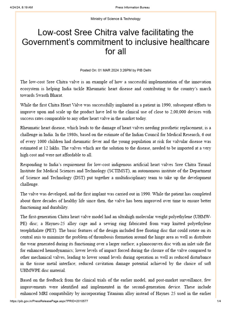 Sree Chitra Valve For Inclusive Health | PDF