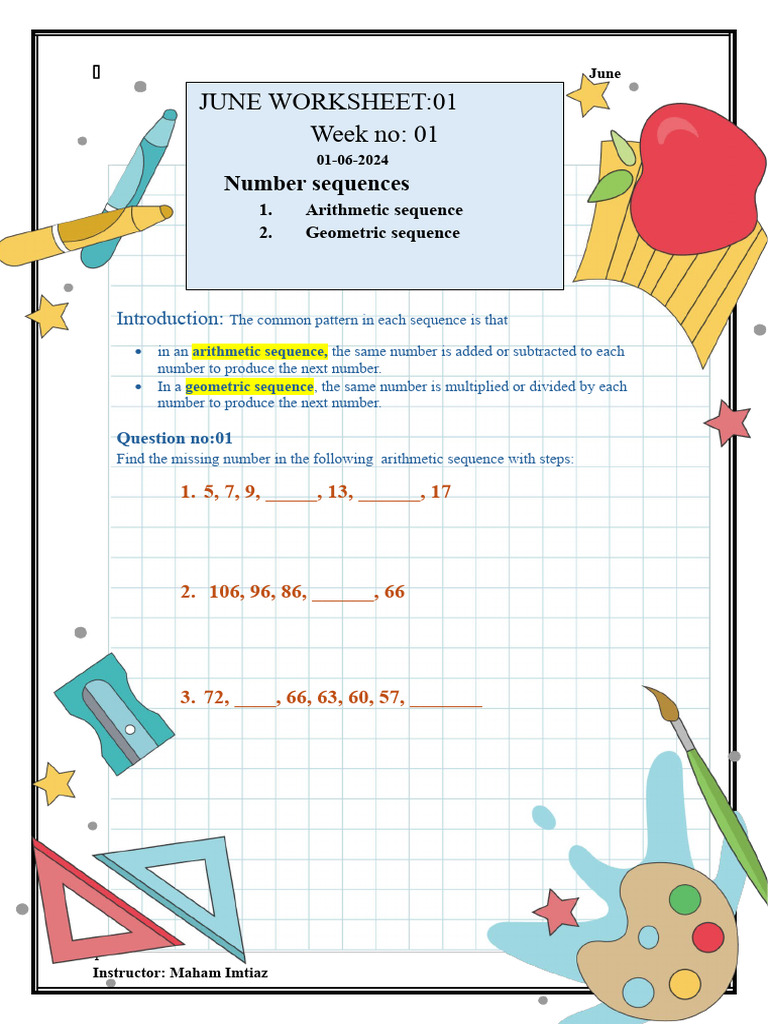 Worksheets For Grade 7 Having Arithmetic and Geometric Sequences | PDF