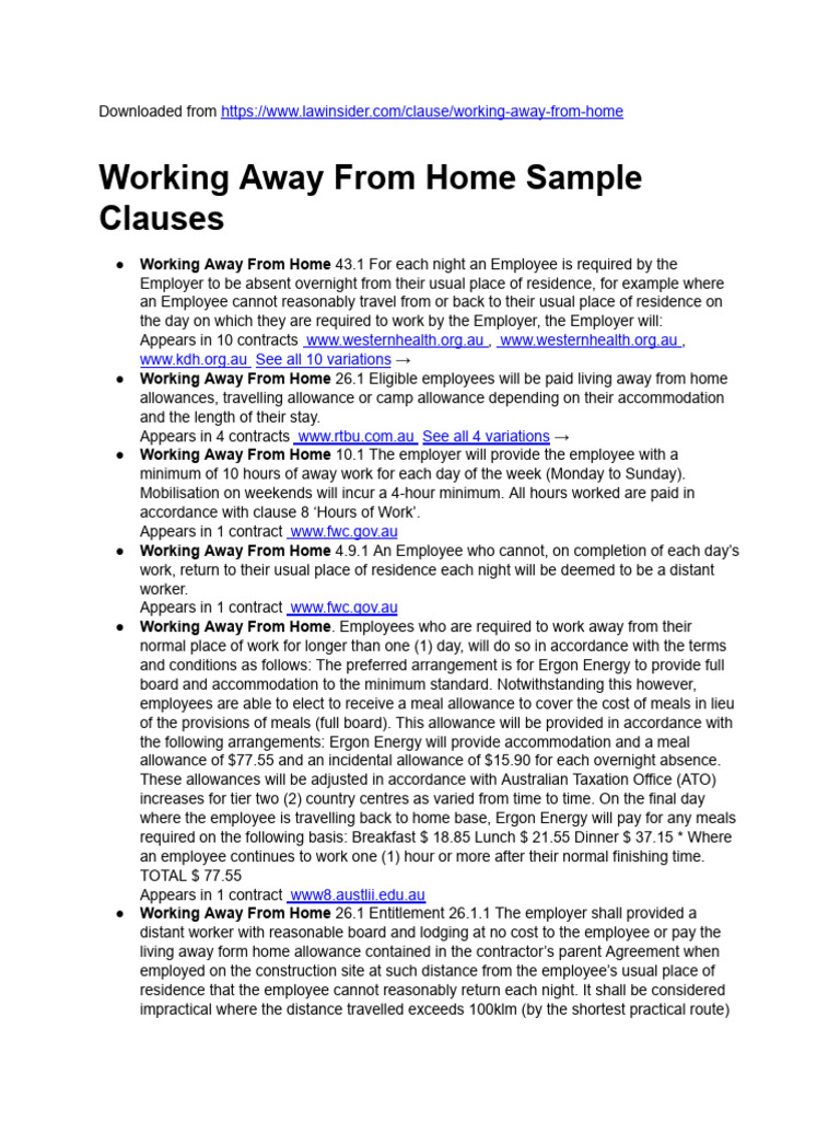 Law Insider Working Away From Home Clause | PDF | Employment | Meal