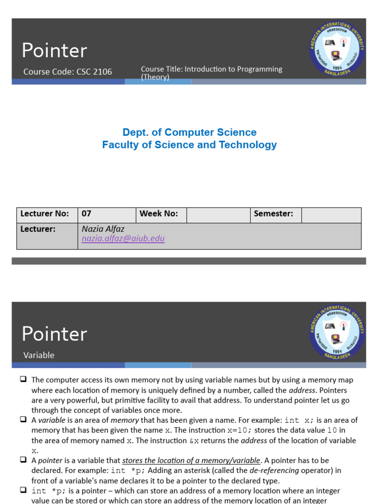Lecture 7 Pointer | PDF | Pointer (Computer Programming) | Integer (Computer Science)