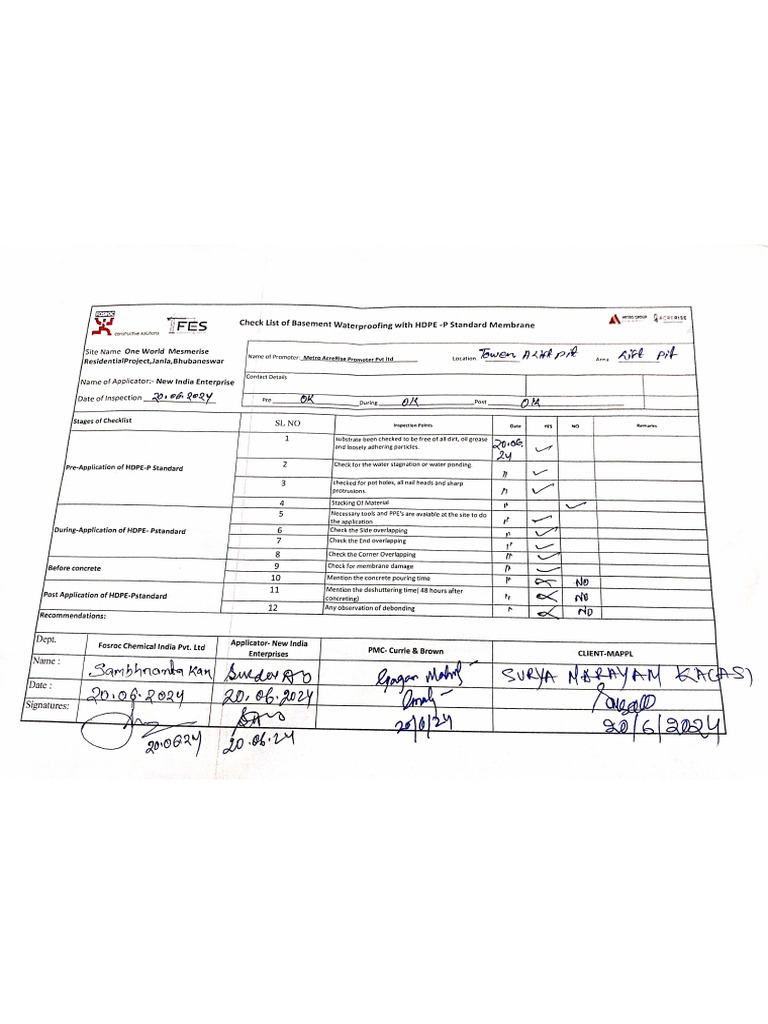 Check List Hdpe Sheet Waterproofing | PDF