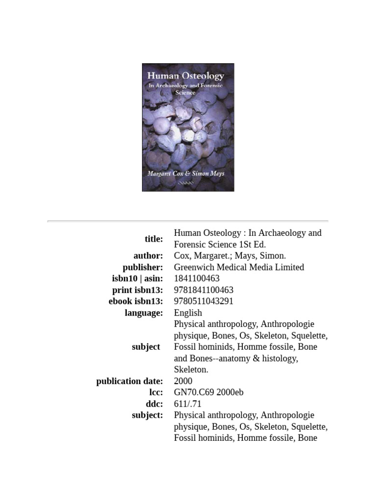 Margaret Cox Simon Mays Human Osteology in Archaeology and Forensic ...