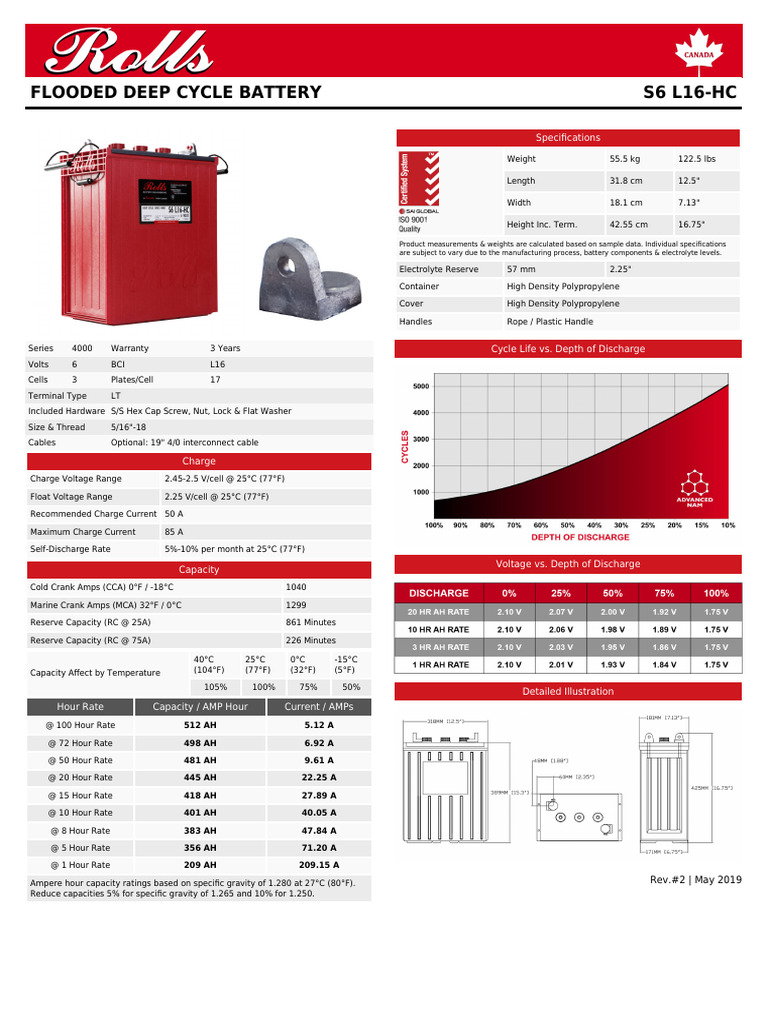 Flooded Deep Cycle Battery S6 L16-HC: Specifications | PDF ...