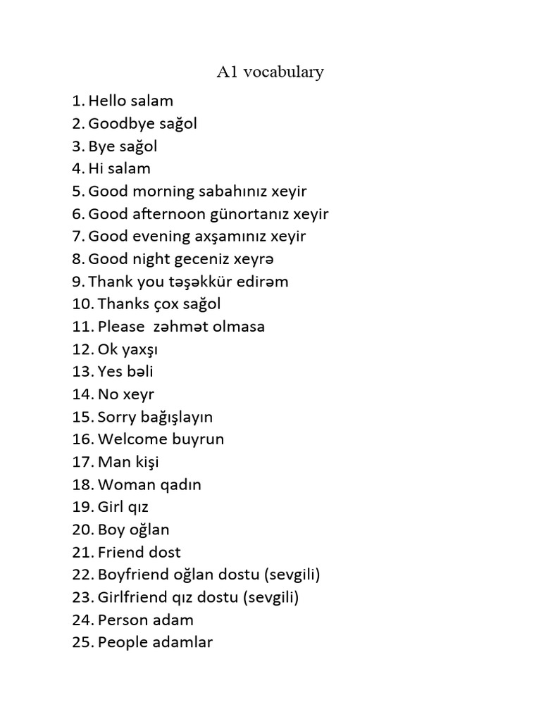 A1 Vocabulary | PDF