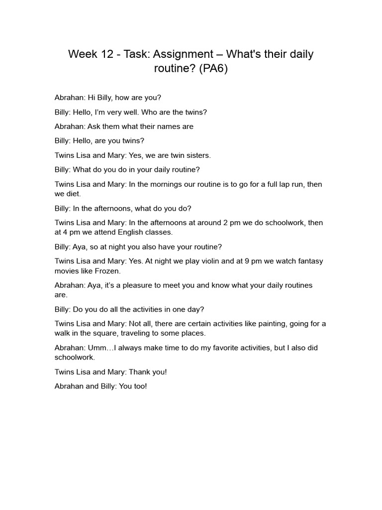 Week 12 - Task Assignment - What's Their Daily Routine (PA6) | PDF | Language Arts & Discipline ...