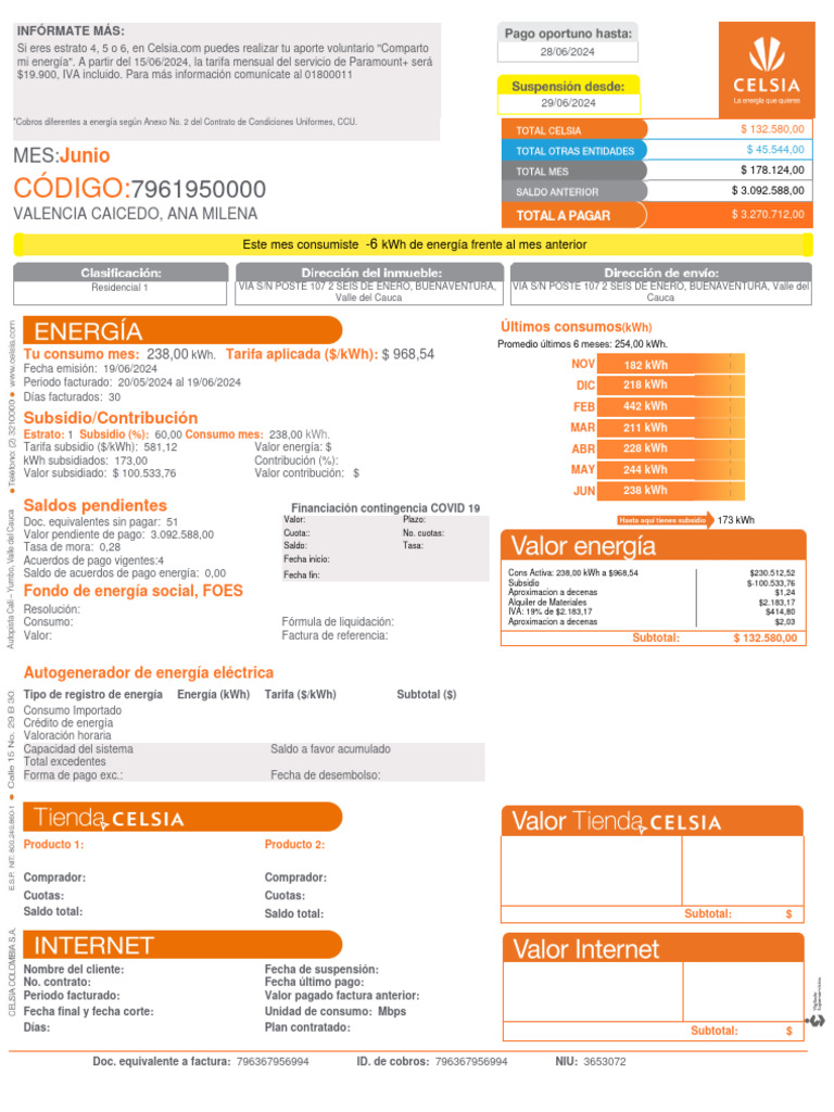 Factura de Energía Celsia Junio 2024 | PDF | Metrología | Poder (Física)
