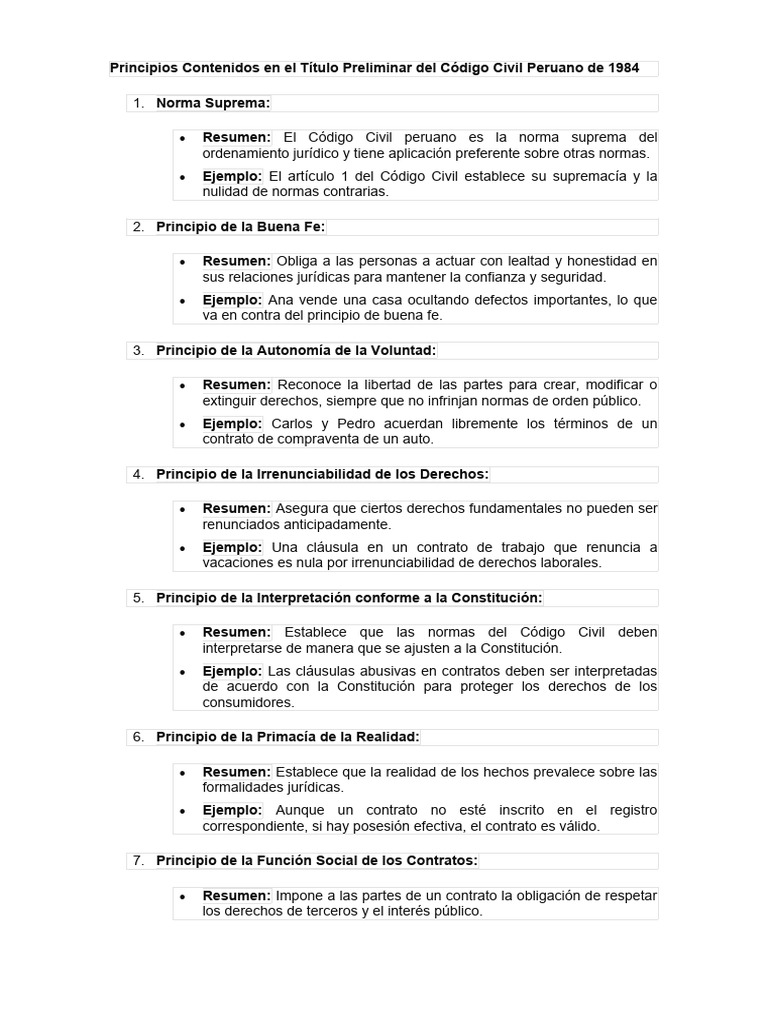 Resumen Principios Contenidos en El Título Preliminar Del Código Civil Peruano de 1984 | PDF ...