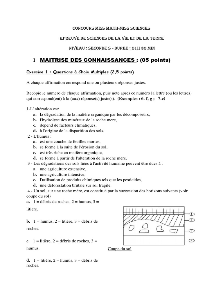 Épreuve SVT : Concours Miss Math-Sciences | PDF | Sol (pédologie ...
