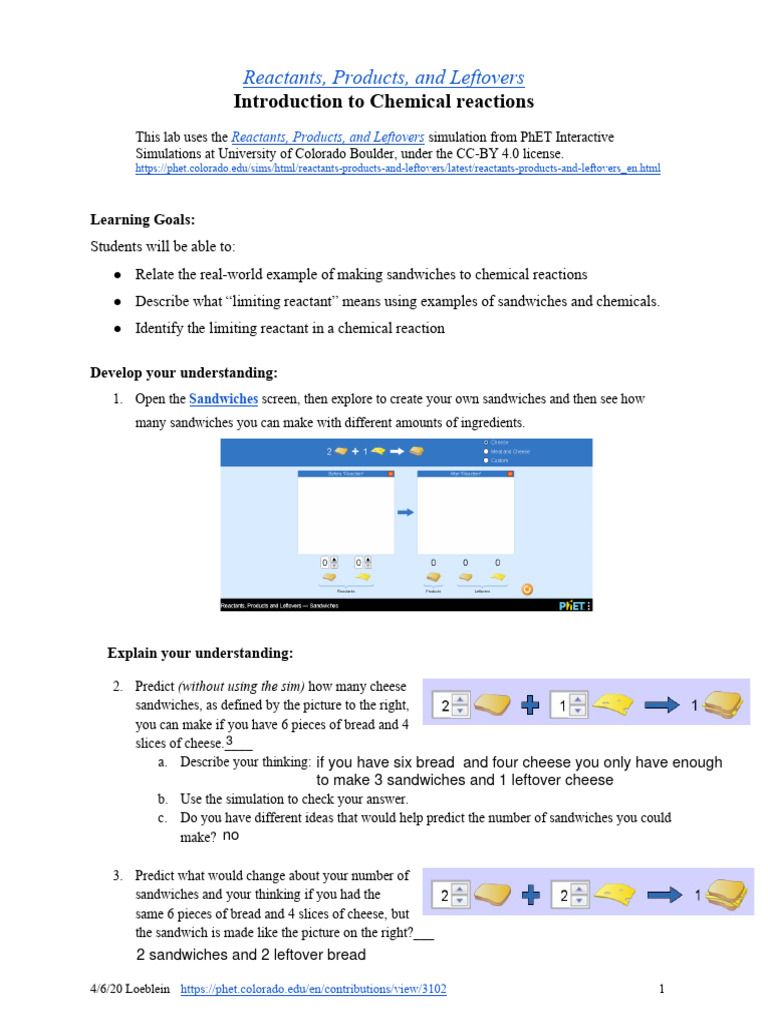 PhET Lab - Reactants Products and Leftovers - Student Guide | PDF ...