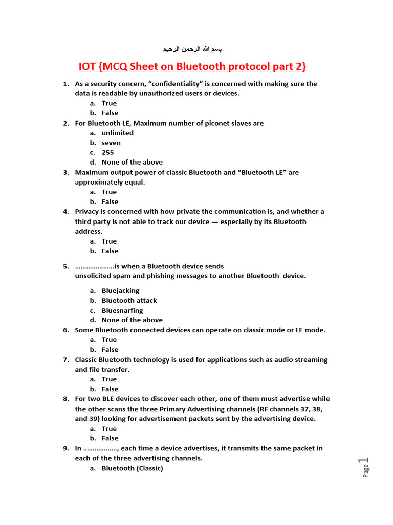 MCQ Sheet Bluetooth part2 | PDF | Bluetooth | Security