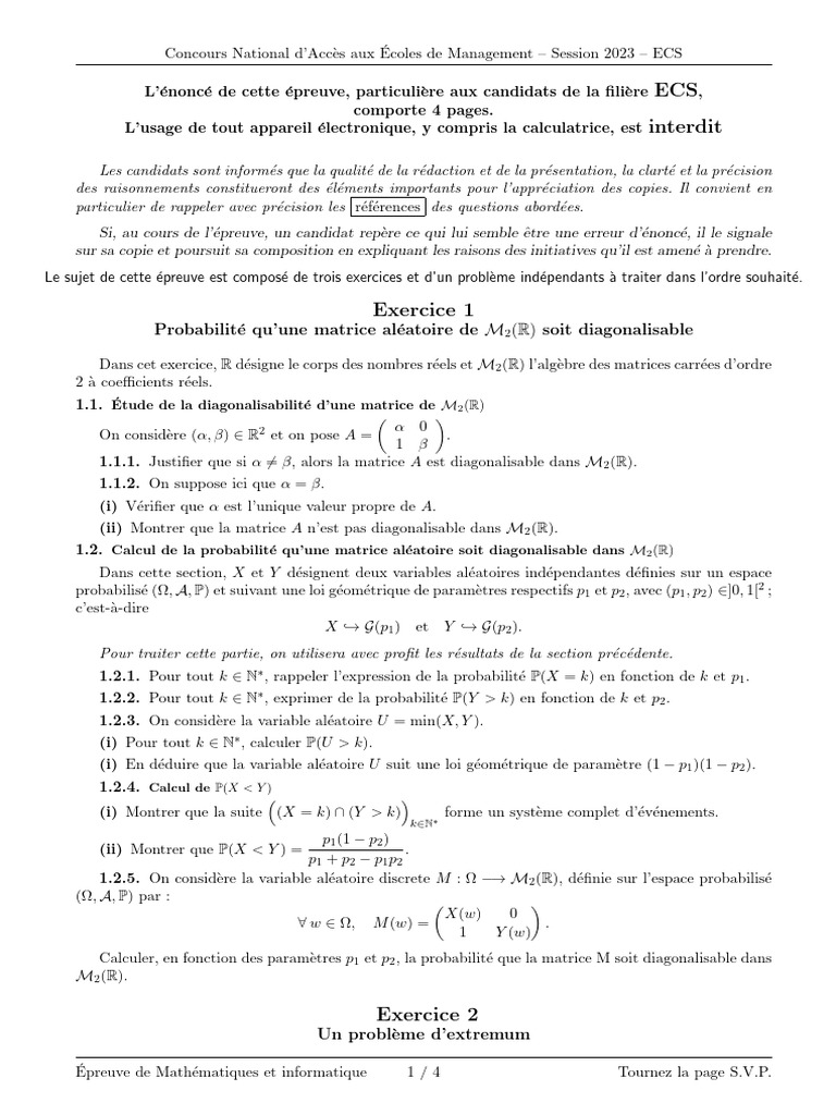 Concours Maths ECS 2023 - Énoncé et Exercices | PDF | Matrice ...