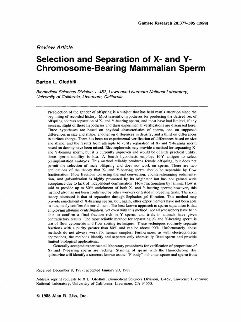 Selection and separation of X- and Y- chromosome-bearing mammalian sperm. | PDF | Flow Cytometry ...