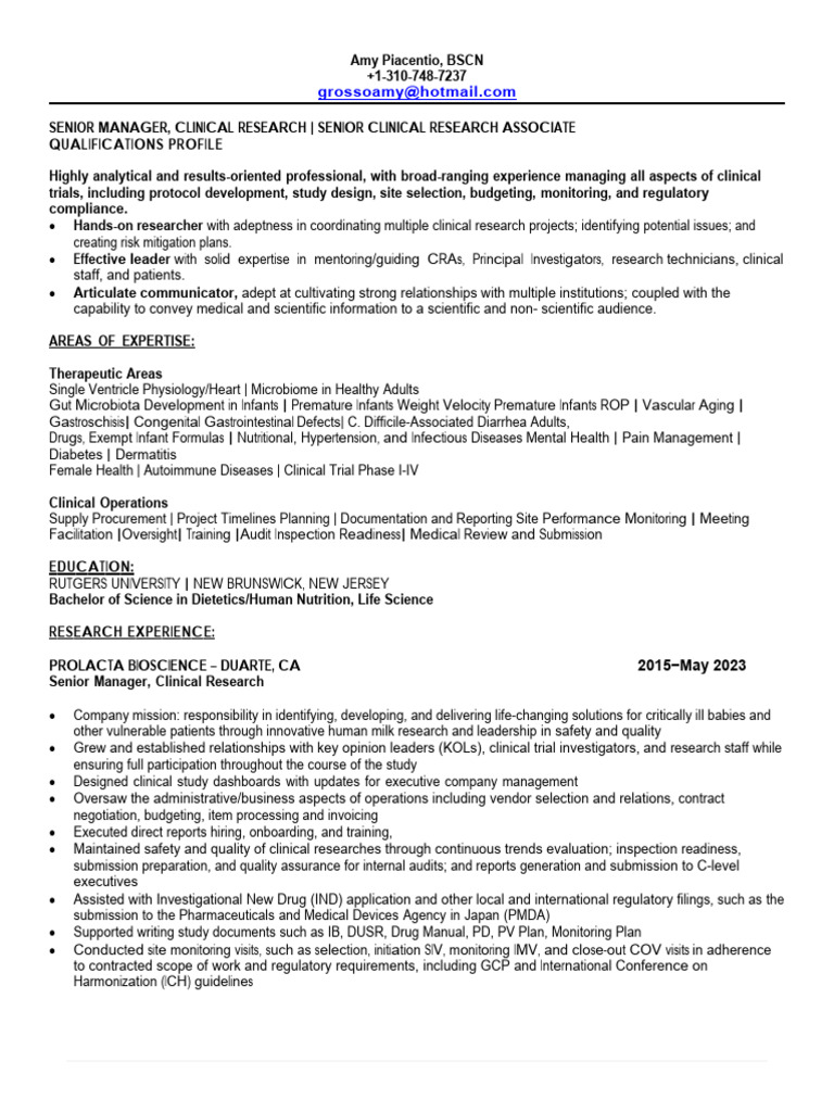 Amy Piacentio - Resume | PDF | Clinical Trial | Clinical Medicine