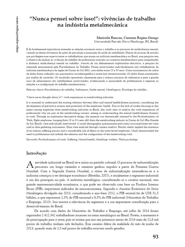 Artigo - Vivências No Ambiente de Trabalho-1 | PDF | Psicologia | América do Sul