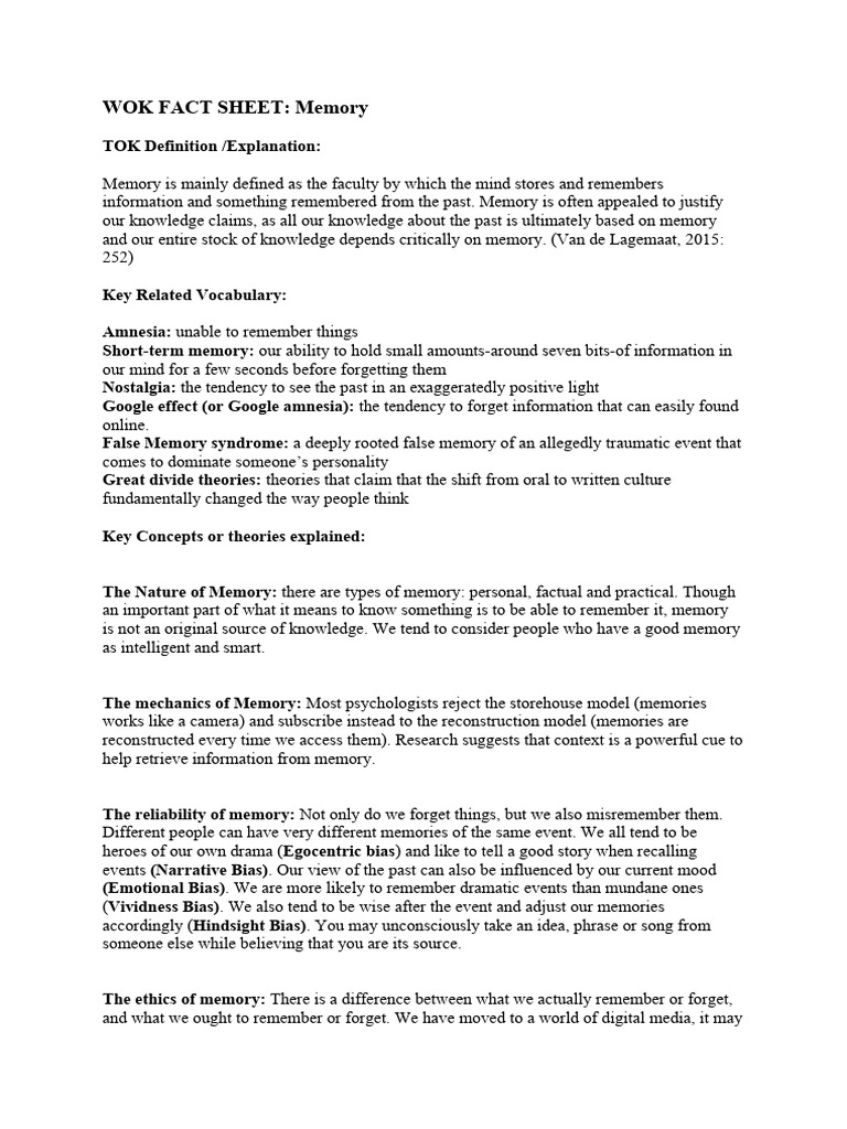 Memory Fact Sheet | PDF | Memory | Knowledge