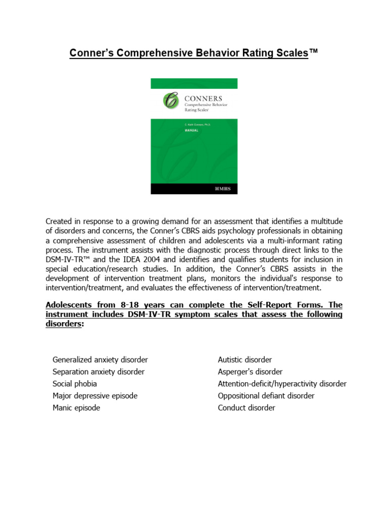 Conners Comprehensive Behavior Rating Scale | PDF | Mental Disorder ...