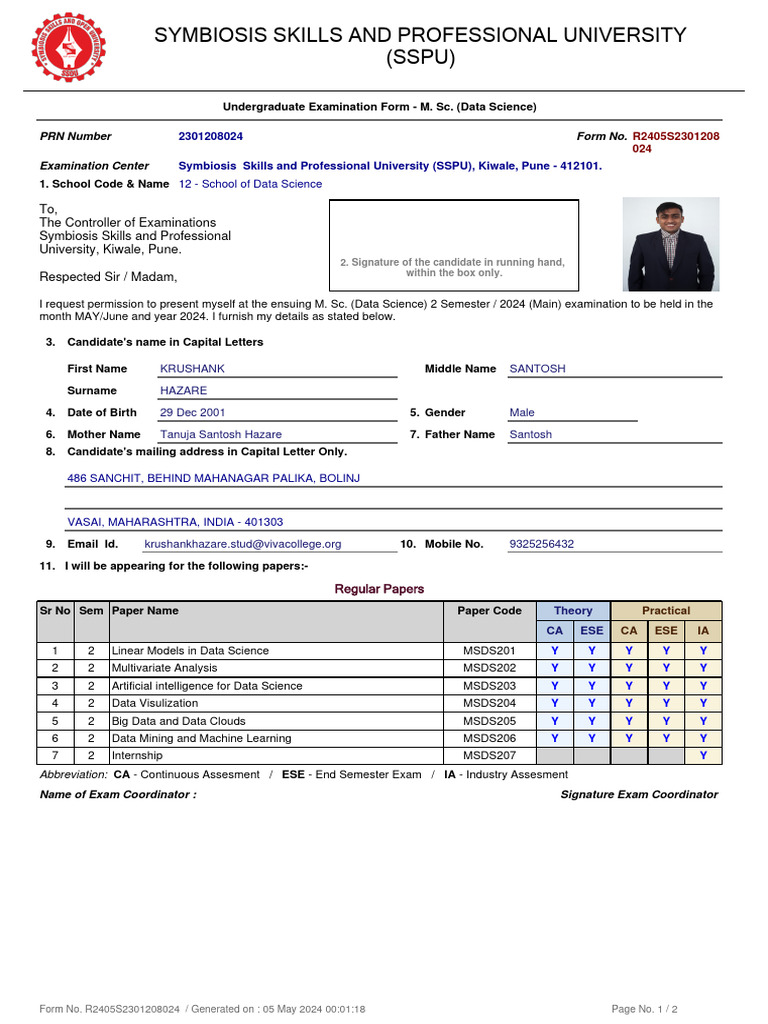 Regular Exam Form | PDF | Educational Assessment | University And College Admission
