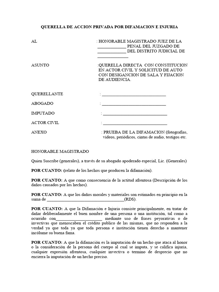 Querella de Accion Privada Por Difamacion e Injuria | PDF | Queja | Justicia