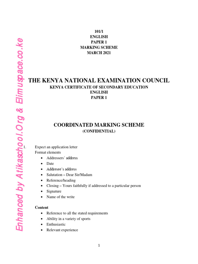 2020 English Paper 1 Kcse Marking Scheme Model 23012022001 | PDF | English Language | Grammar