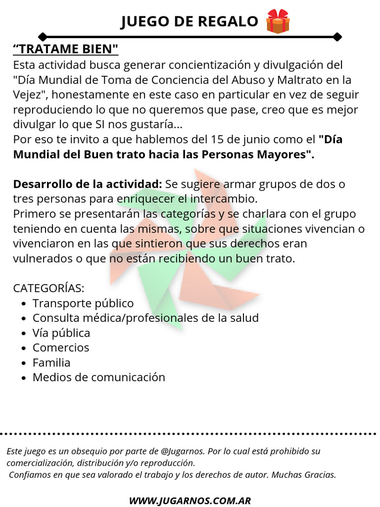 Dinámica de Regalo - Tratame Bien - JUGARNOS | PDF