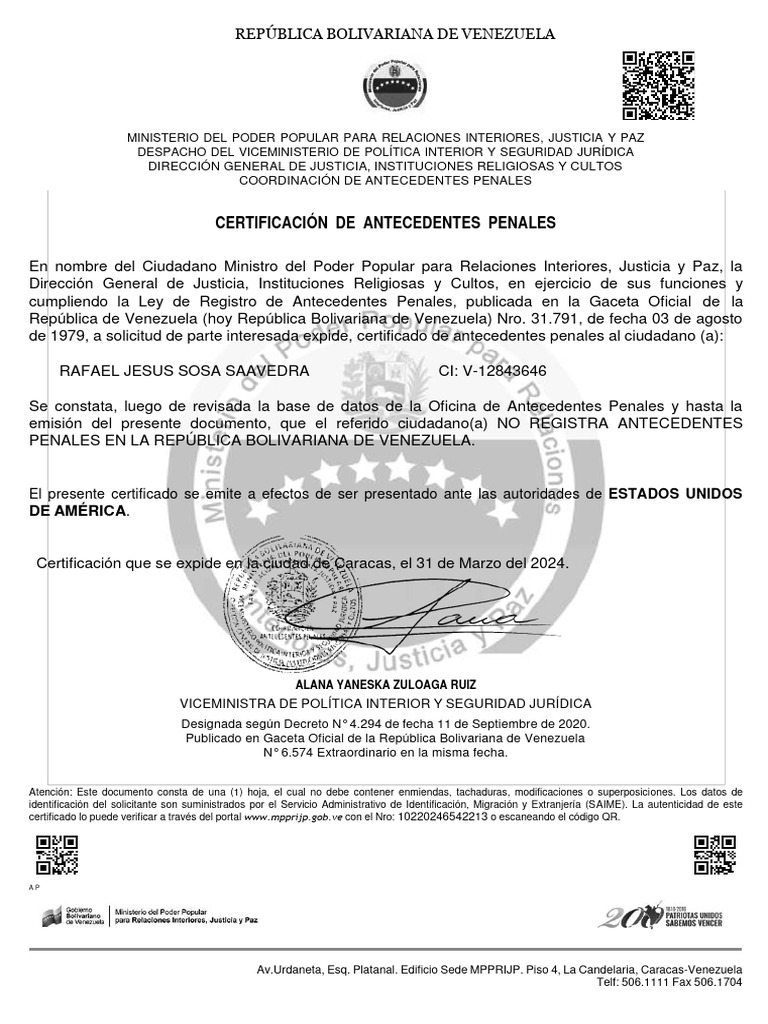 Certificación de Antecedentes Penales en Venezuela | PDF