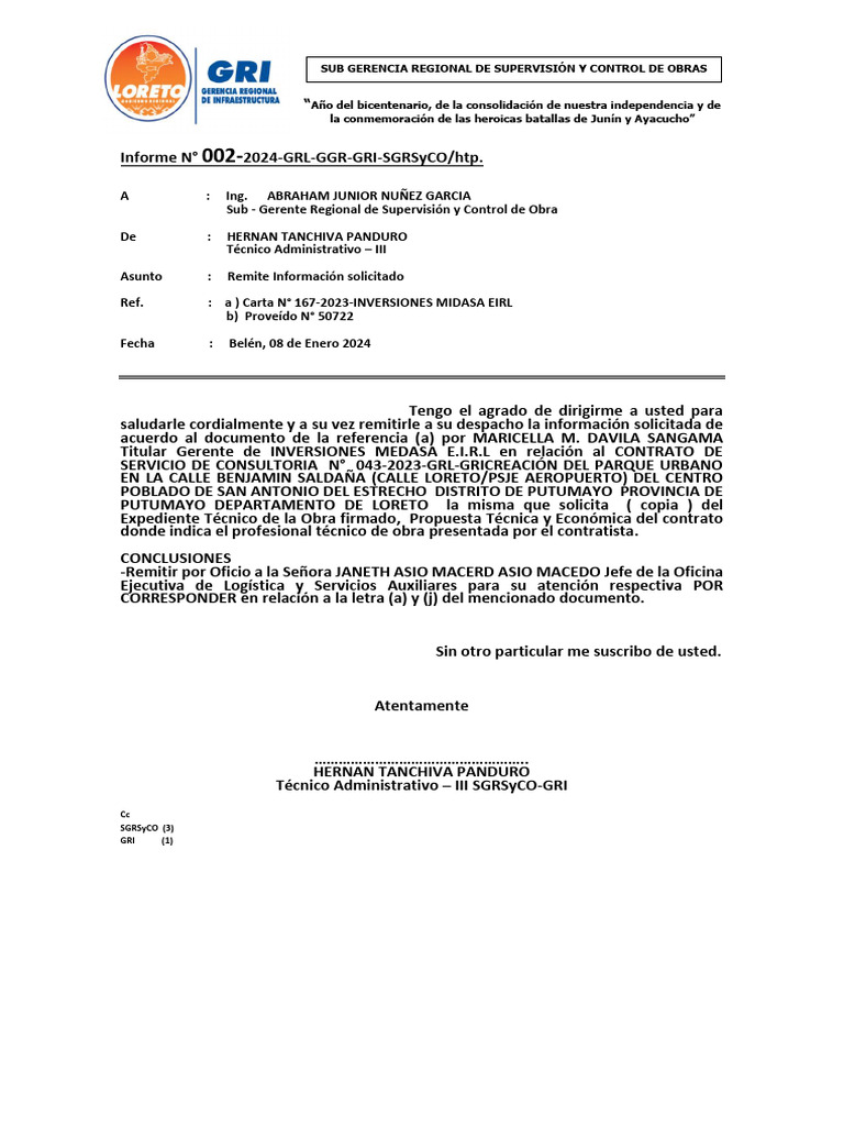 INFORME N°002-2024-GRL-GRI-SGSyC-htp-PARQUE URBANO BENJAMIN SALDAÑA | PDF