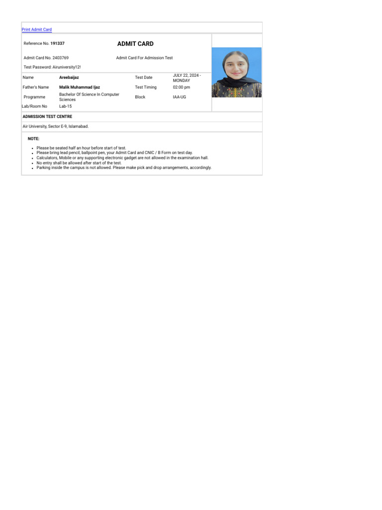 Air University Admit Card | PDF