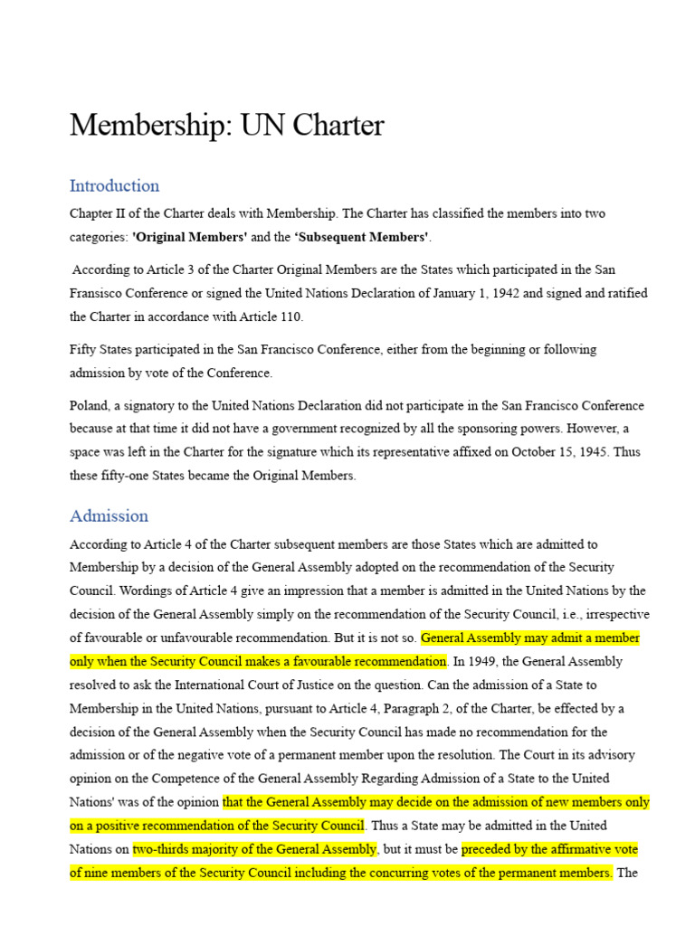 Membership Admission, Suspension and Expulsion, With Drawl From UN ...