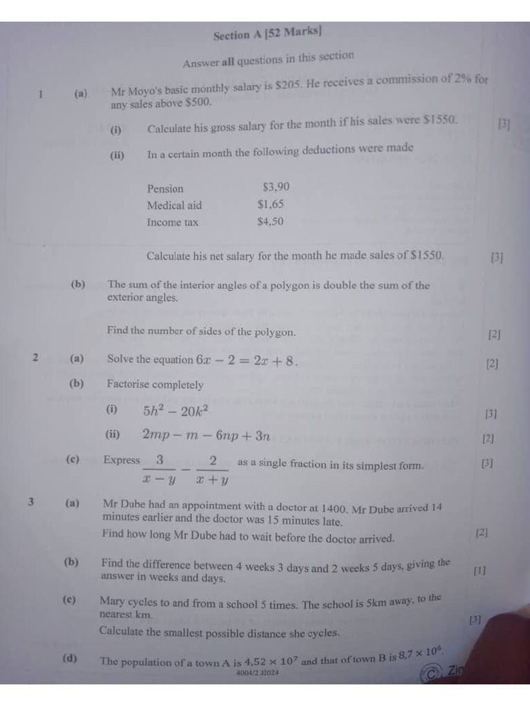Zimsec J2024, Maths P2, Section A | PDF