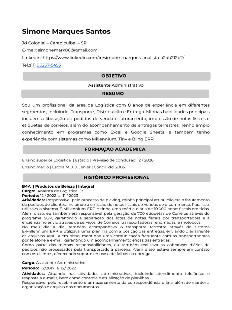 Curriculo - Simone M Santos - Docx - Administrativo | PDF | Informática