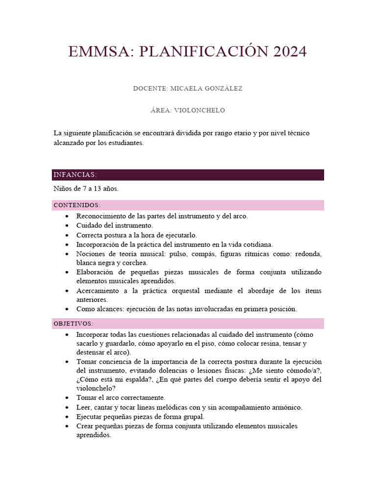 Planificación Violonchelo 2024 EMMSA | PDF | Violonchelo | Instrumentos musicales