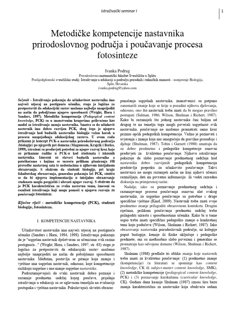 Ivanka Podrug - Istrazivacki Seminar I | PDF