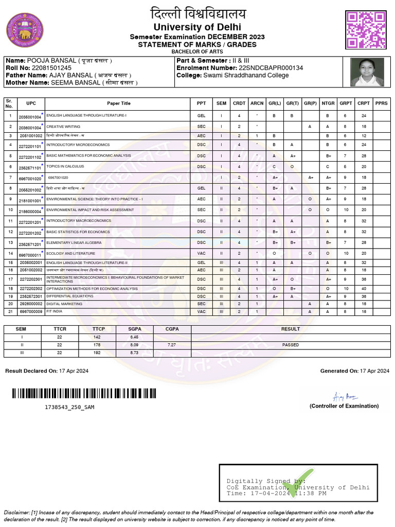 University of Delhi: Semester Examination DECEMBER 2023 Statement of ...