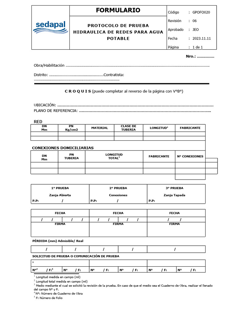 GPOFO020 PROTOCOLO DE PRUEBA HIDRAULICA RED DE AGUA POTABLE 2023.muchas ...