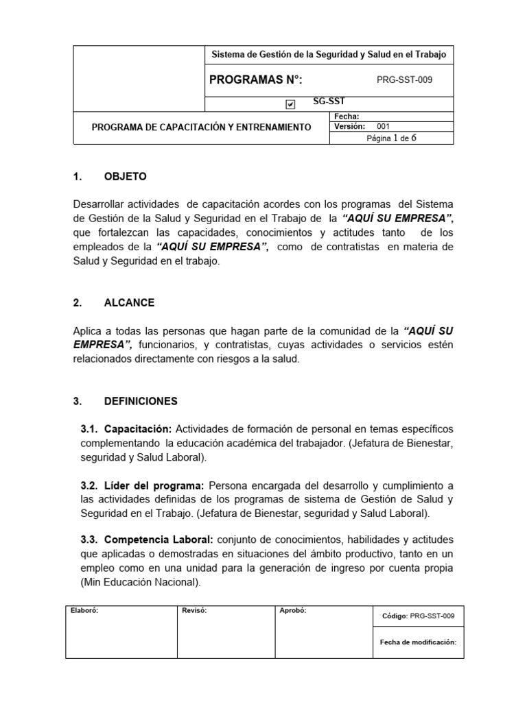 Sst 005 Programa De Capacitación Pdf Valores Derecho Laboral