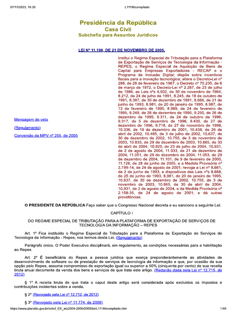 Lei Do Bem - 11.196 - 2005 | PDF