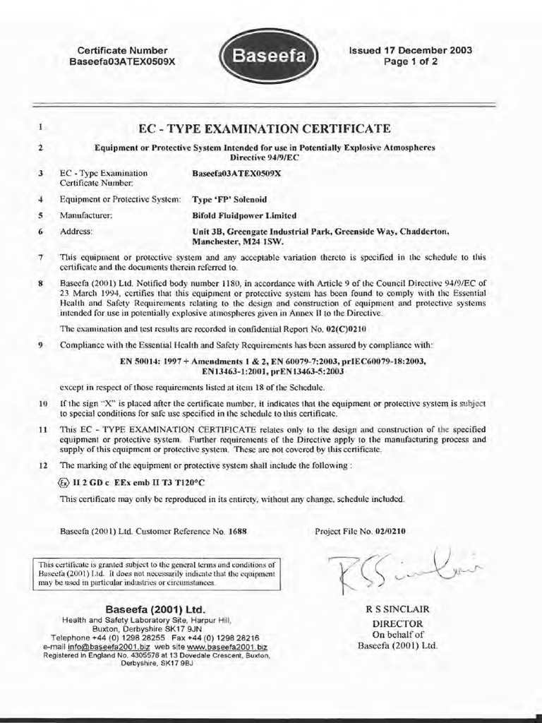 Baseefa 03 Atex 0509 X | PDF