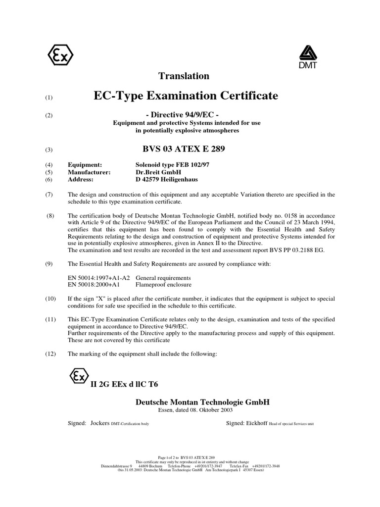 Bvs 03 Atex E289 | PDF | Safety