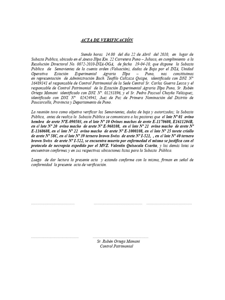 Acta de Verif - Subasta 23-04-10 | PDF