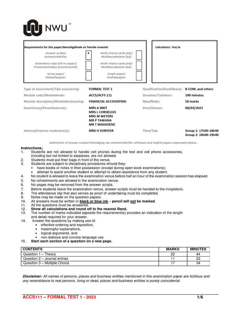 ACCS111 Formal Test 1 Guidelines | PDF | Debits And Credits | Accounting
