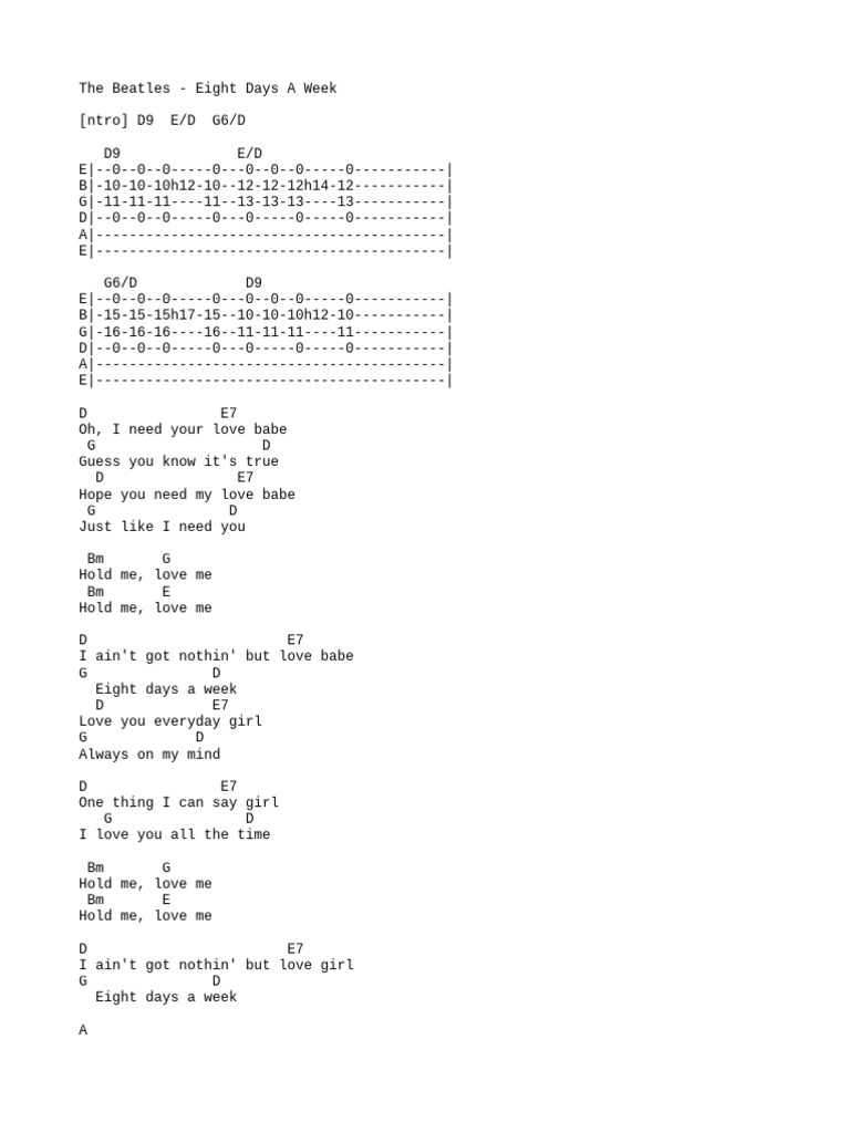 Beatles "Eight Days A Week" Chords | PDF | American Songs | Song ...