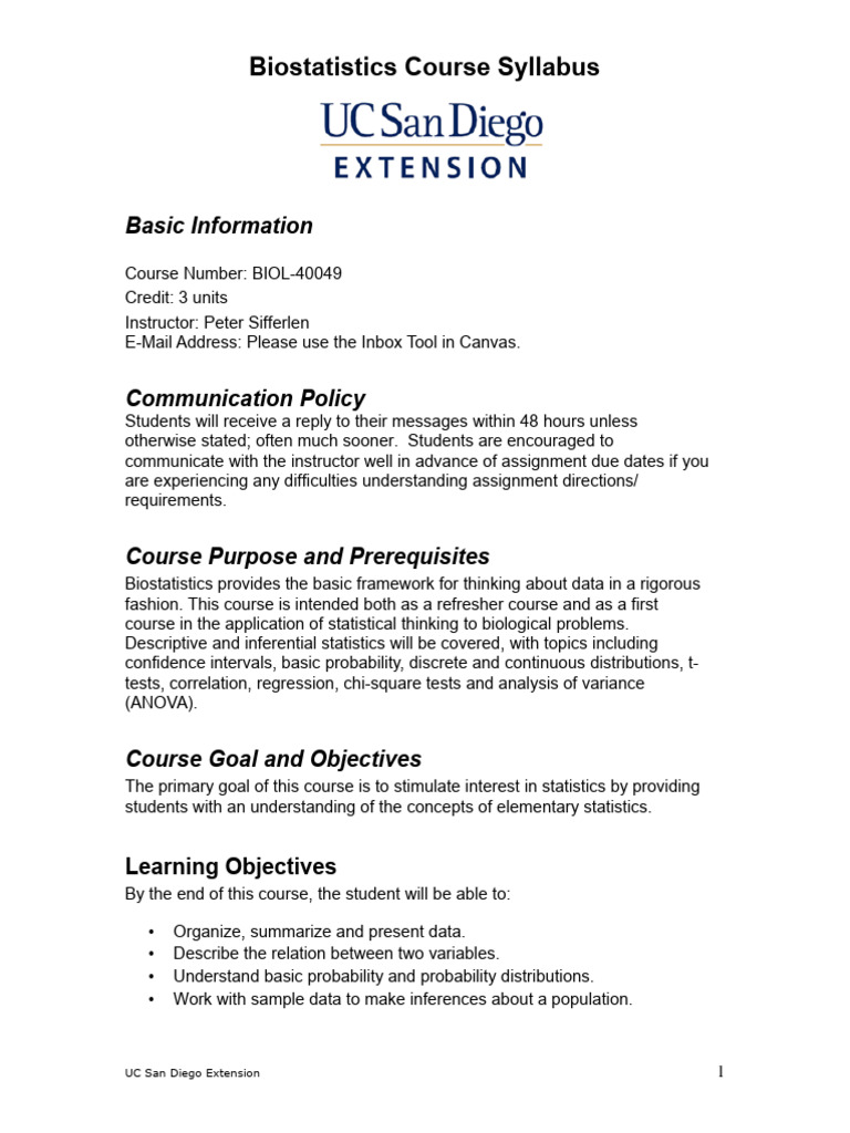 Biostatistics Course Syllabus Overview | PDF | Statistics | Analysis Of ...