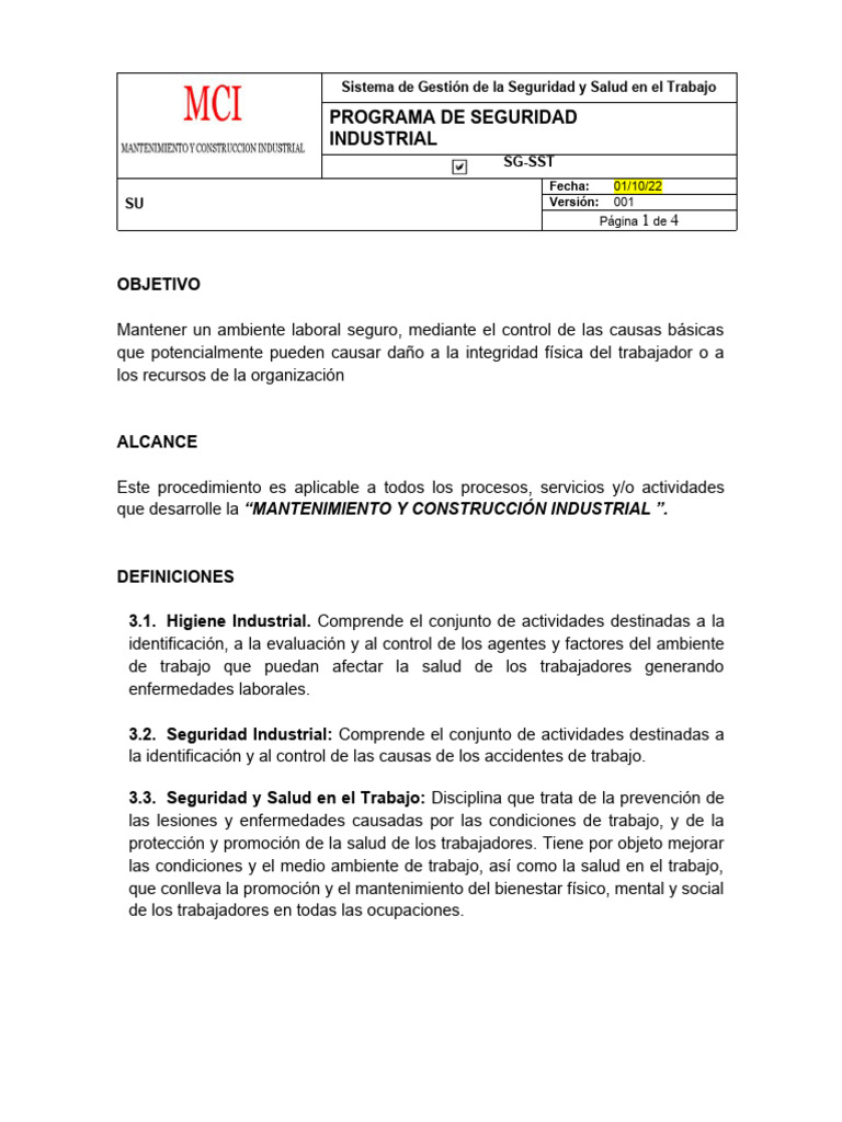 SST-002 Programa de Seguridad Industrial | PDF | Seguridad y salud ocupacional